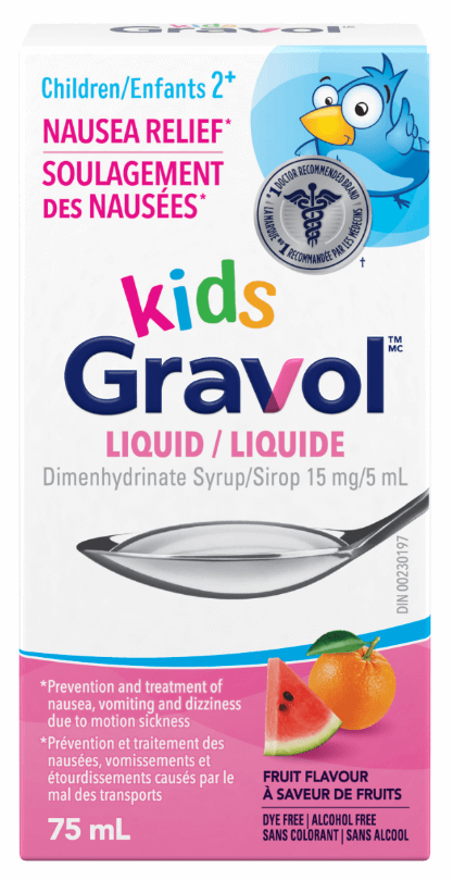 Gravol Kids Fruit Liquid 15 mg, 75 mL – Symington Pharmacy